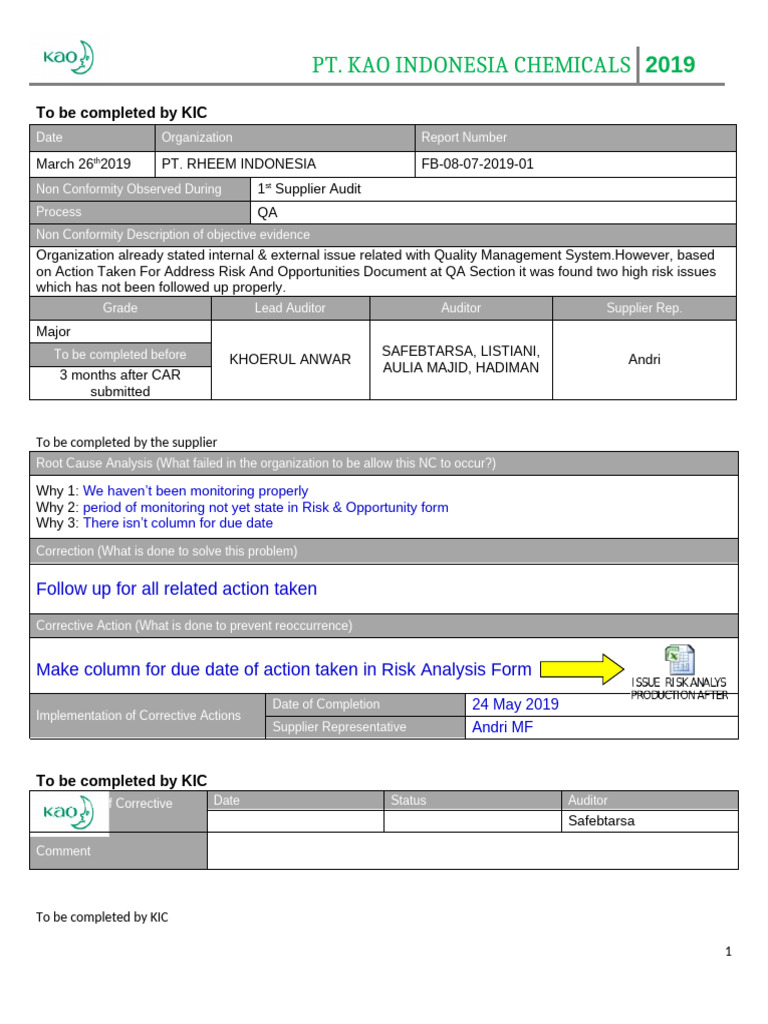 Form CAR Supplier Audit - Final - QA | PDF | Audit | Safety