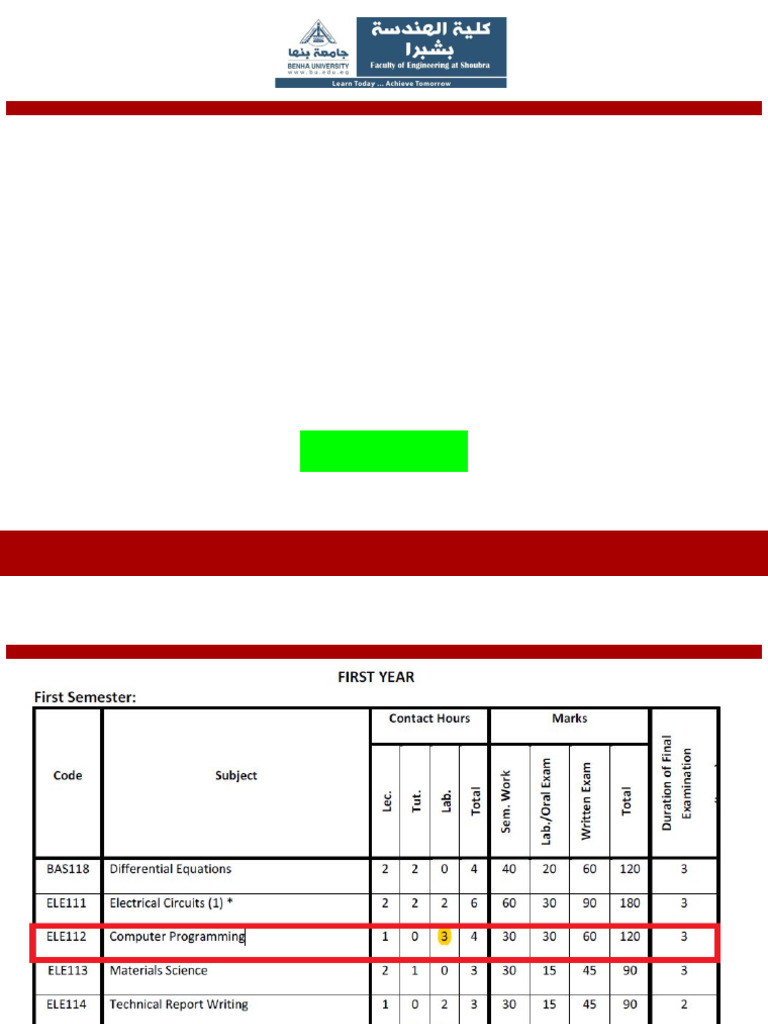 ELE112 Computer Programming Lect. (1) 30-09-2023S | PDF | Matlab | Computer Programming