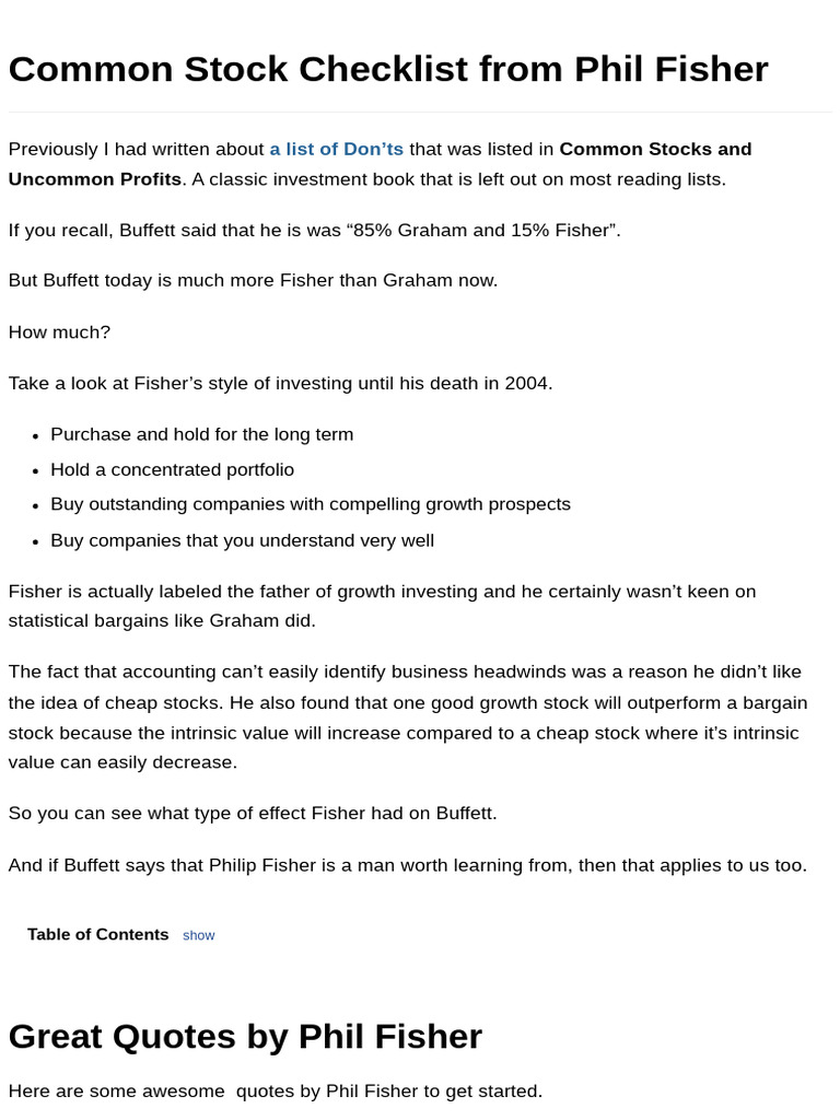 Phil Fisher's Common Stock Checklist | PDF | Investing | Intel