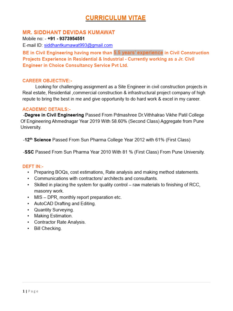 Siddhant Kumawat CV 2024 | PDF | Real Estate | Engineering