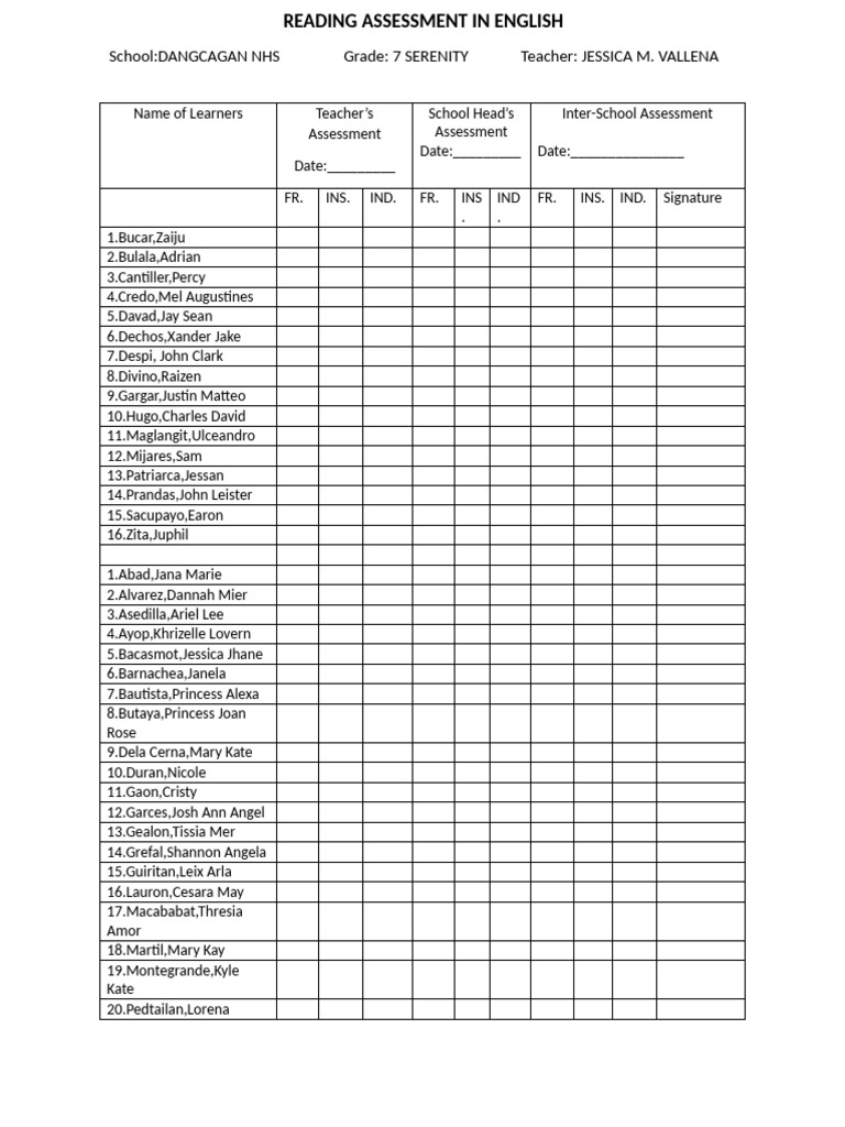 Reading Assessment Form | PDF