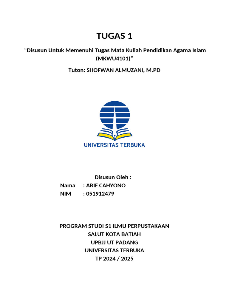 Contoh Cover Tugas Mahasiswa UT | PDF