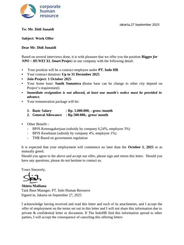 Offering Letter - IndoHR - Didi Junaidi | PDF