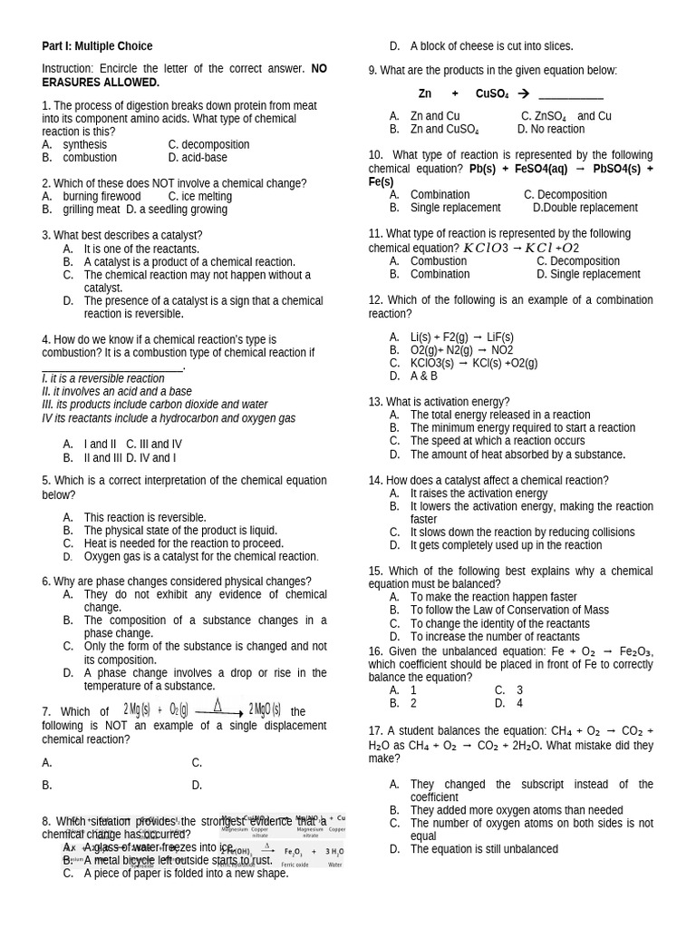Chemical Reaction Quiz and Balancing Guide | PDF | Chemical Reactions ...