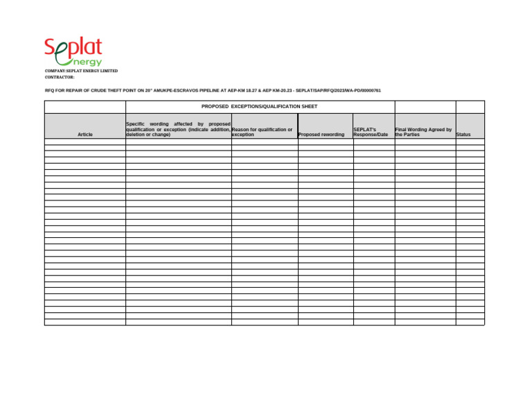 Qualification and Exceptions Table For Repair of Crude Theft Point On ...