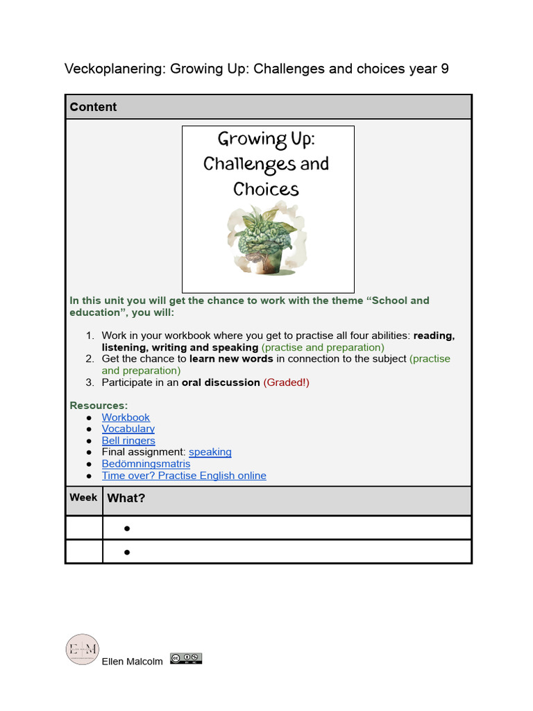 Veckoplanering - Growing Up - Challenges and Choices Åk 9 (Ta Kopia) | PDF