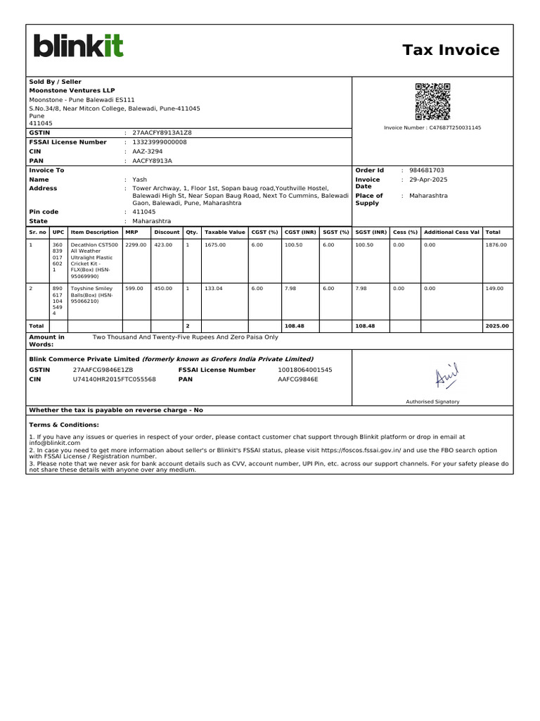 Blinkit Cricket Kit Receipt 2025 | PDF | Payments | Taxes