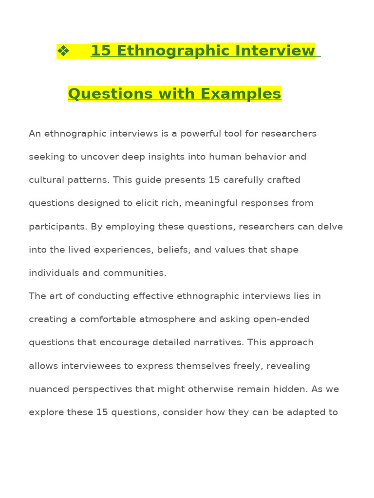 Ethnographic Interview Questions Guide | PDF | Ethnography ...