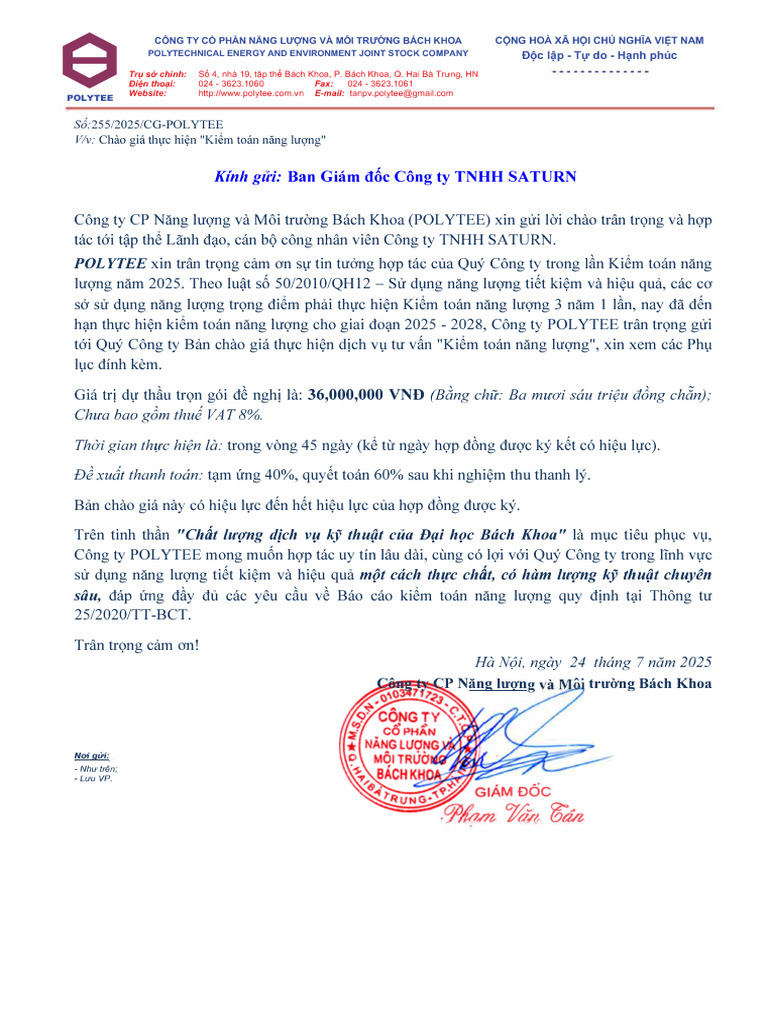 2024 - Polytee - Thu Chao Gia Dich Vu KTNL - Gui Cty TNHH Saturn | PDF