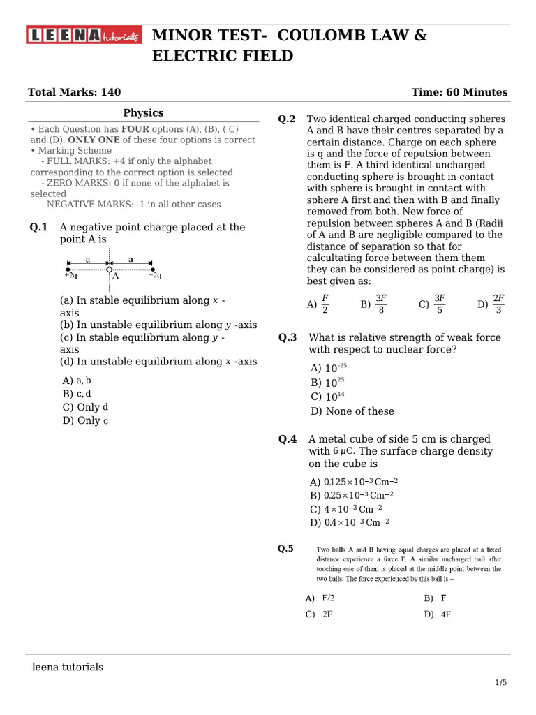 Coulomb Law & Electric Field Test | PDF | Force | Applied And ...