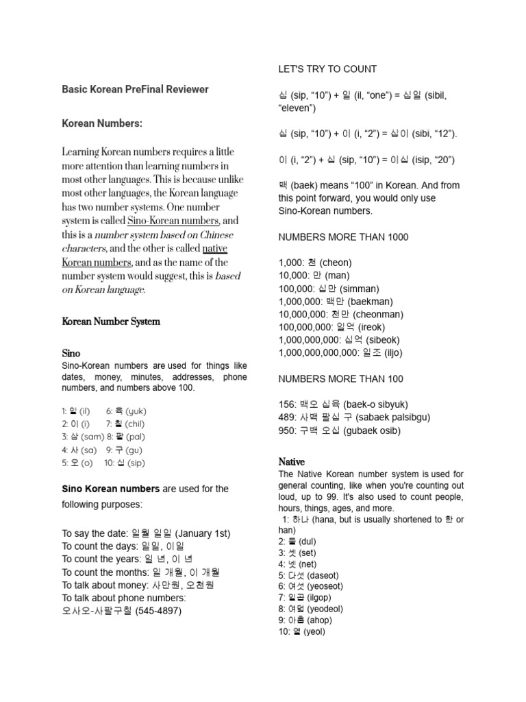 Korean Numbers and Time Guide | PDF | Korean Language | Language Families