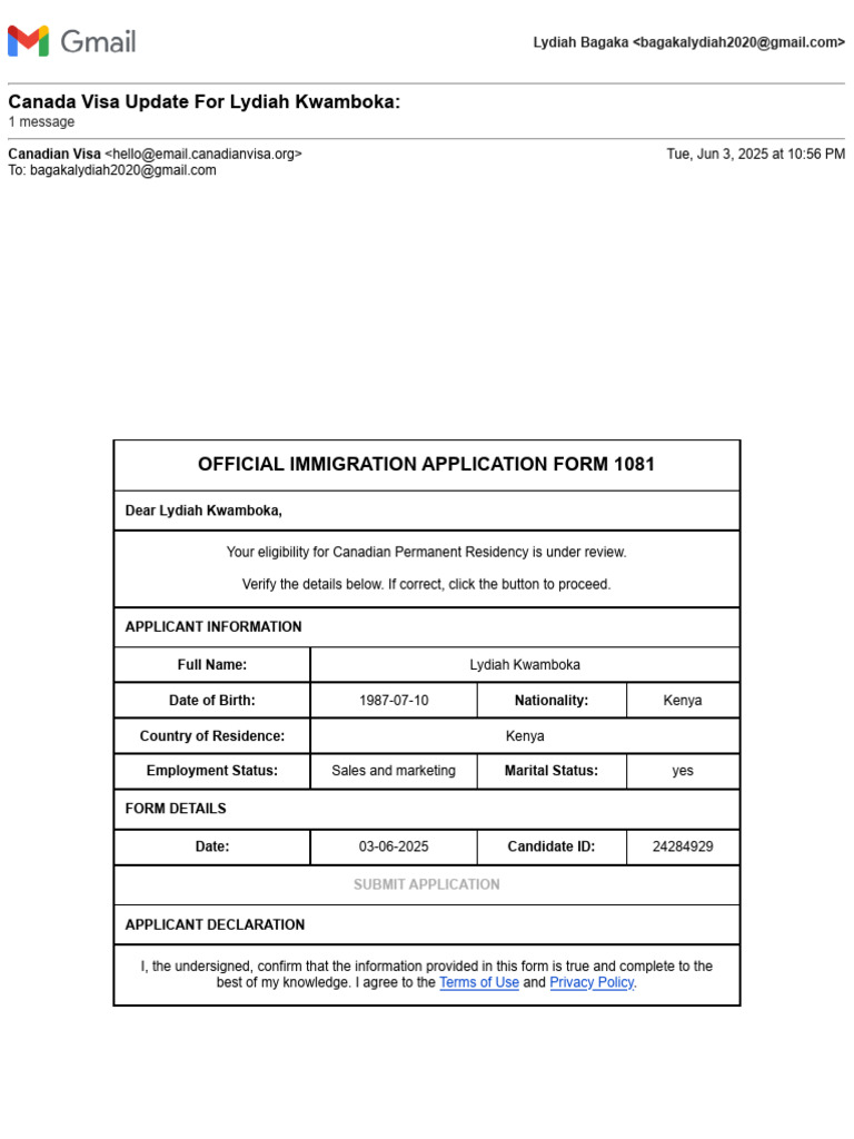 Canada Visa Application Update for Lydiah | PDF
