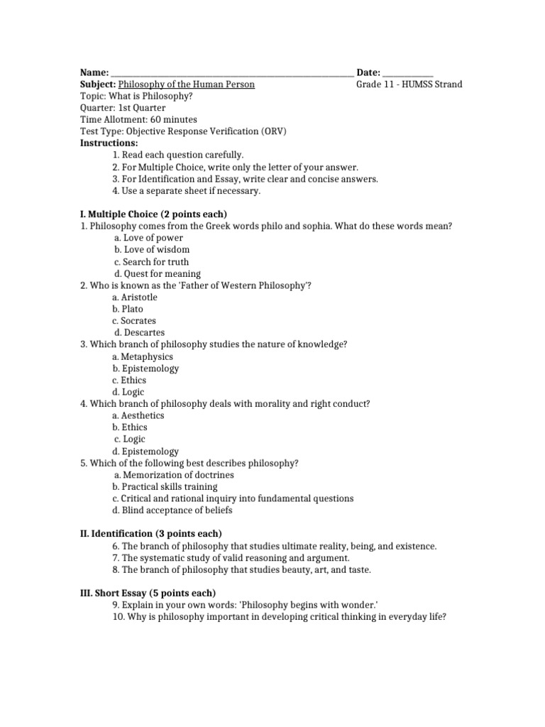 Grade11 HUMSS ORV Test Philosophy Student | PDF