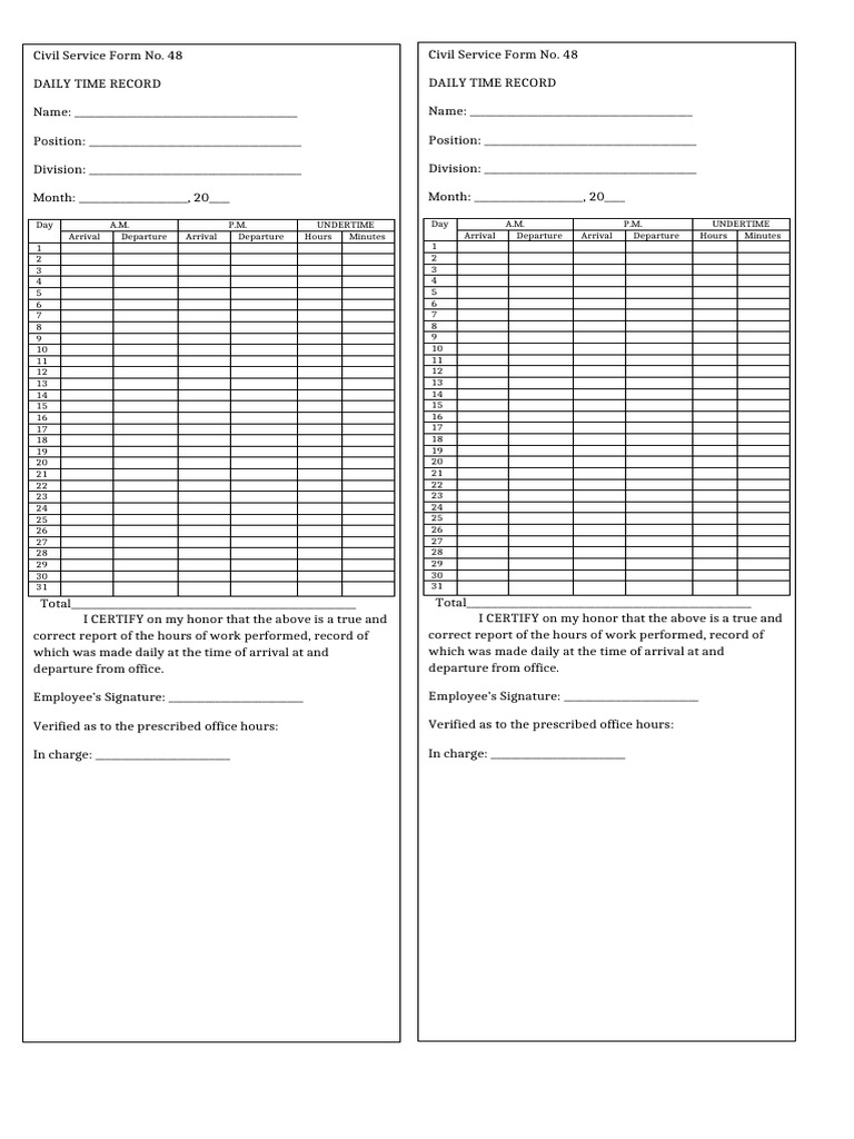 Daily Time Record CSC Form48 | PDF