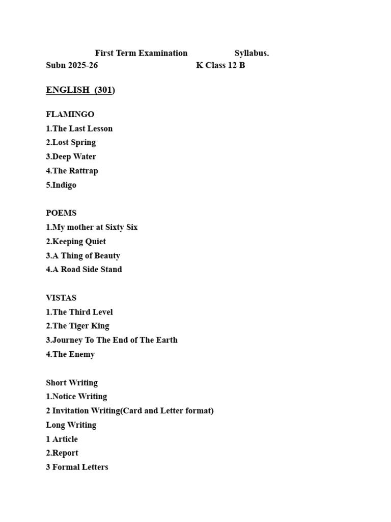 Class 12 B Syllabus (Half Yearly) | PDF