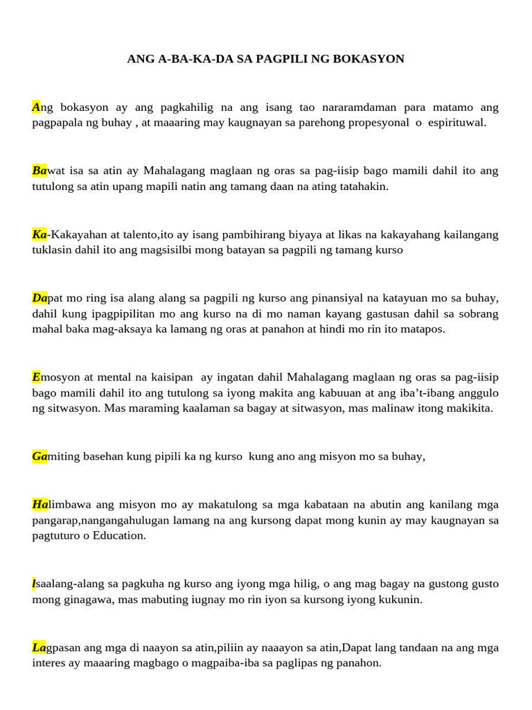 Ang Ang Abakada Sa Pagpili NG Bokasyon | PDF