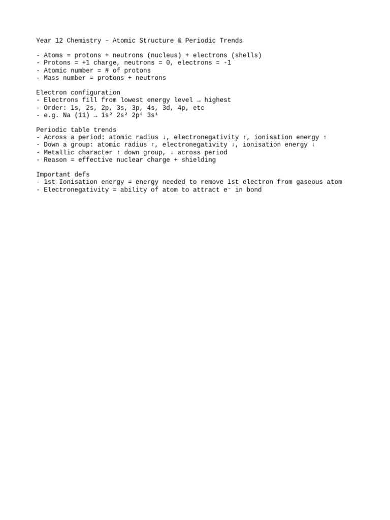 Year 12 Chemistry: Atomic Structure & Trends | PDF