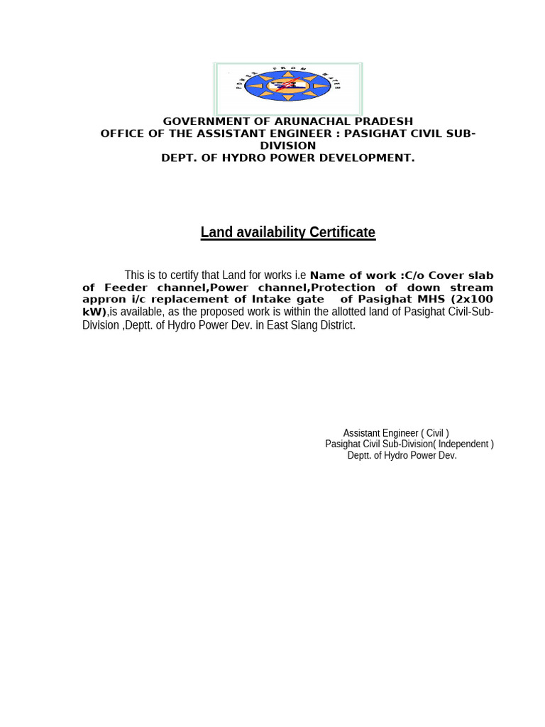 Land Availability Certificate for Hydro Power | PDF