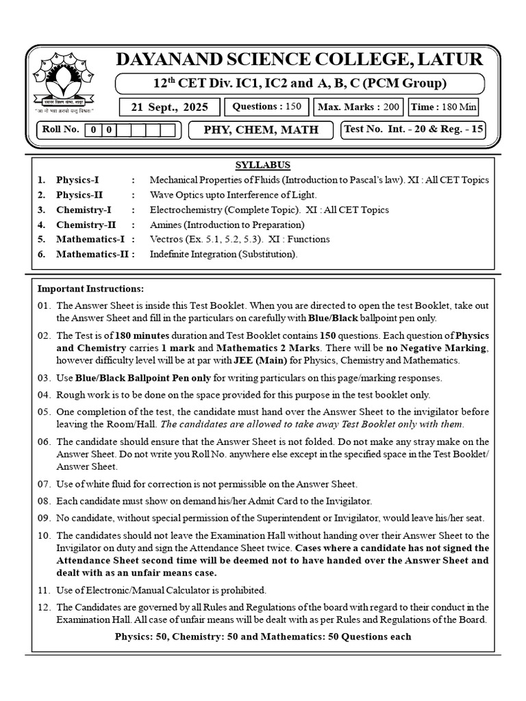 XII CET (IC-1, 2 & A, B, C) Test No.20 & 15 - 21-09-2025 - ANS | PDF ...