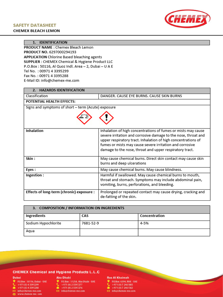 Safety Datasheet - Chemex Bleach Lemon | PDF | Bleach | Chlorine