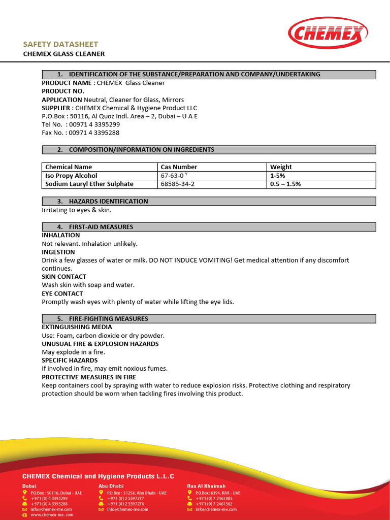 Safety Datasheet - Chemex Glass Cleaner | PDF | Chemistry