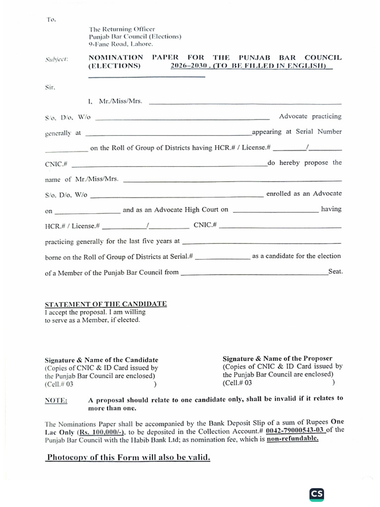 Nomination Form Punjab Bar Council Election | PDF