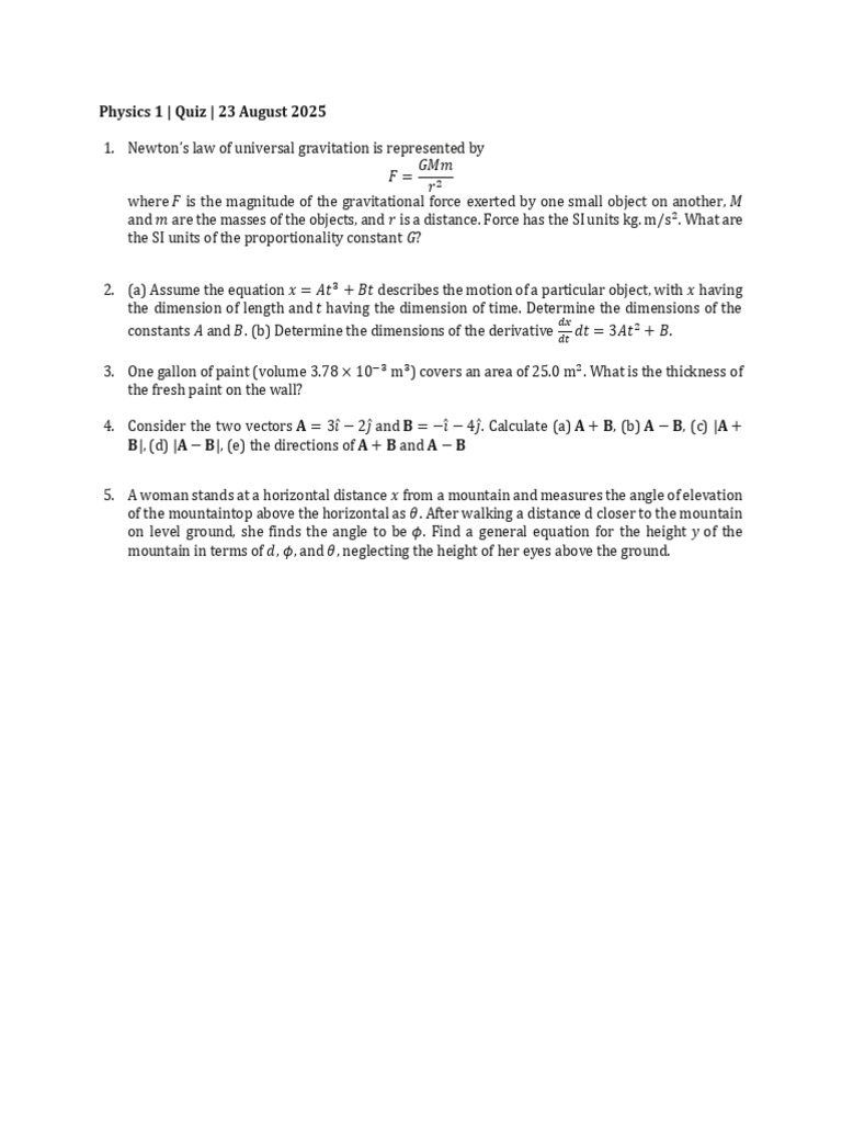 Physics 1 Quiz: Gravitational Force & Motion | PDF