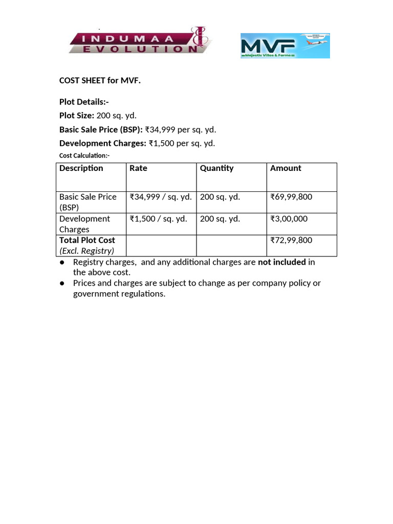 Cost Sheet | PDF