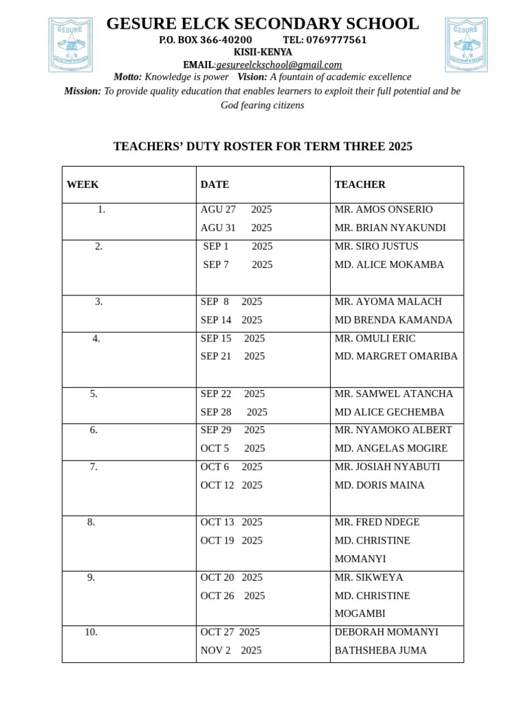 Gesure Elck Secondary School Duty Roster 1 | PDF