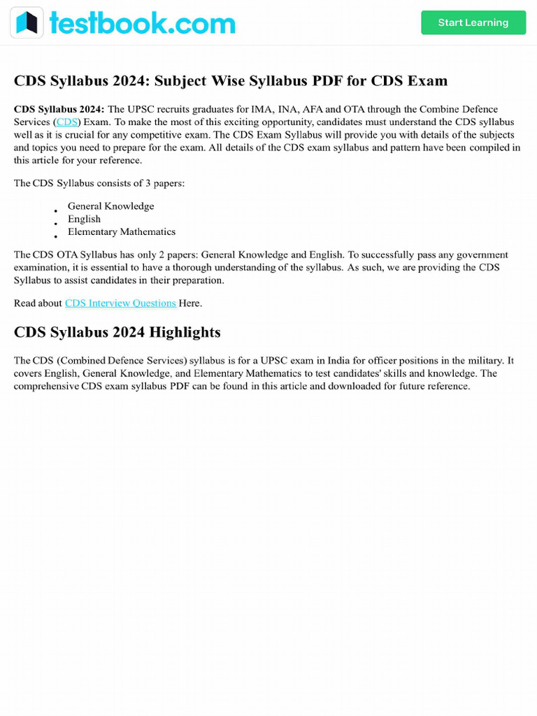 CDS Syllabus 2024 - Subject Wise Syllabus PDF For CDS Exam | PDF