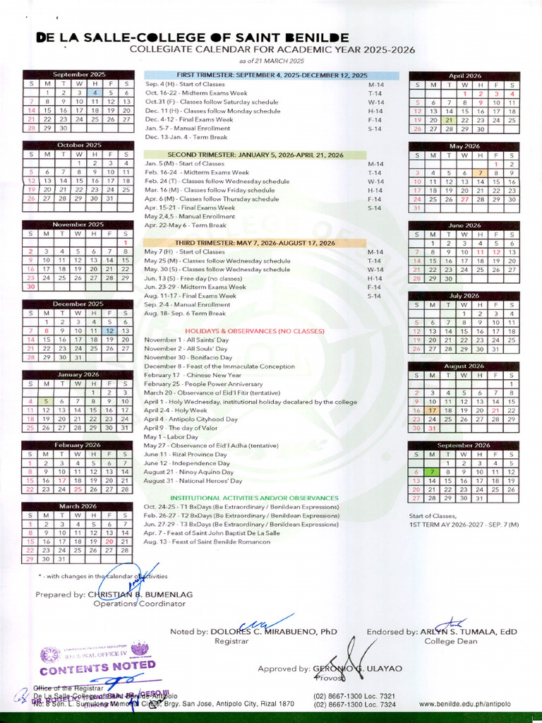 Benilde Antipolo Collegiate Calendar Ay 2025-2026 | PDF