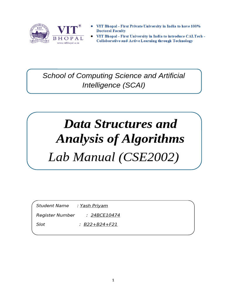 Lab Manual CSE2002 Filled | PDF | Algorithms And Data Structures ...