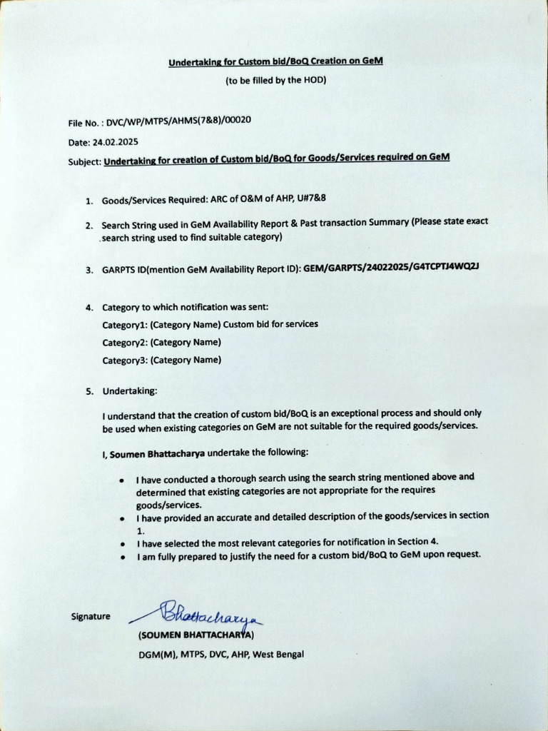 Custom Bid/BoQ Undertaking for GeM | PDF