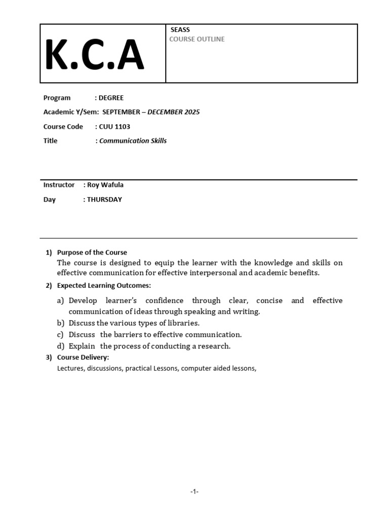 Kca Communication Skills Course Outline | PDF | Communication | Nonverbal Communication