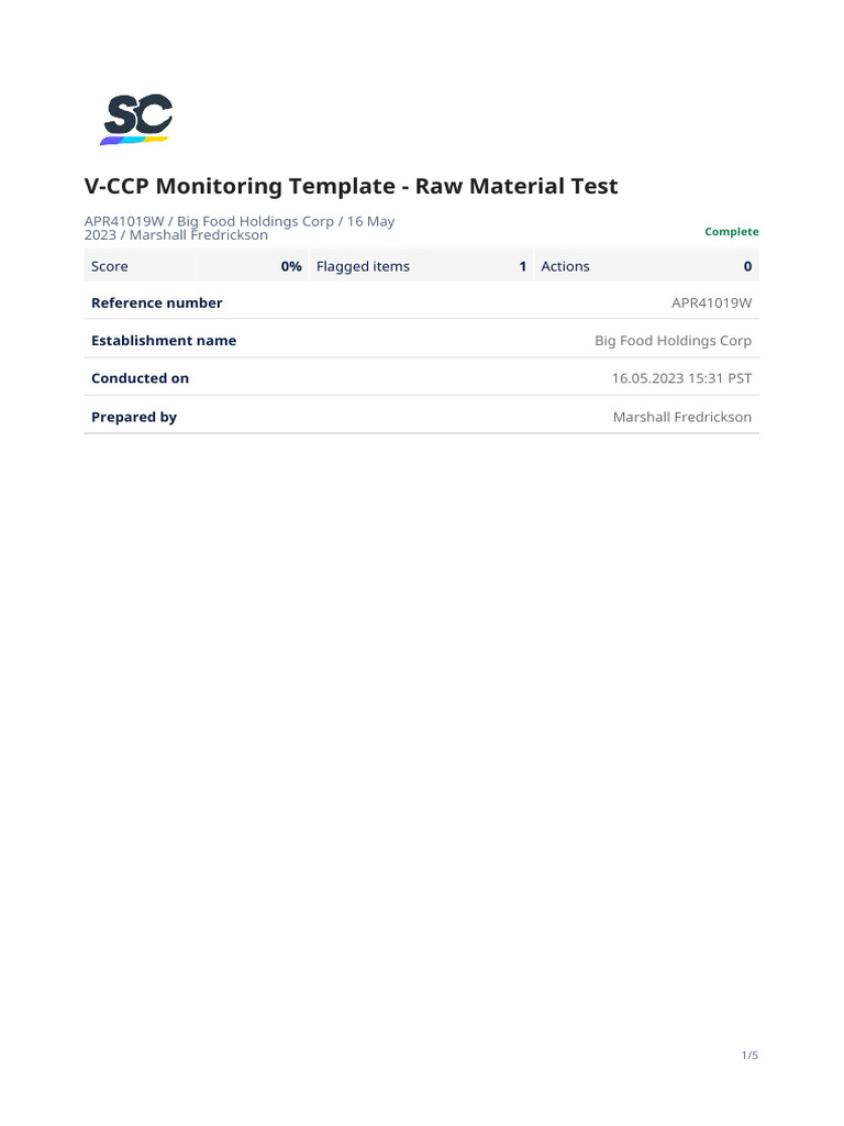 CCP Monitoring for Raw Material Testing | PDF