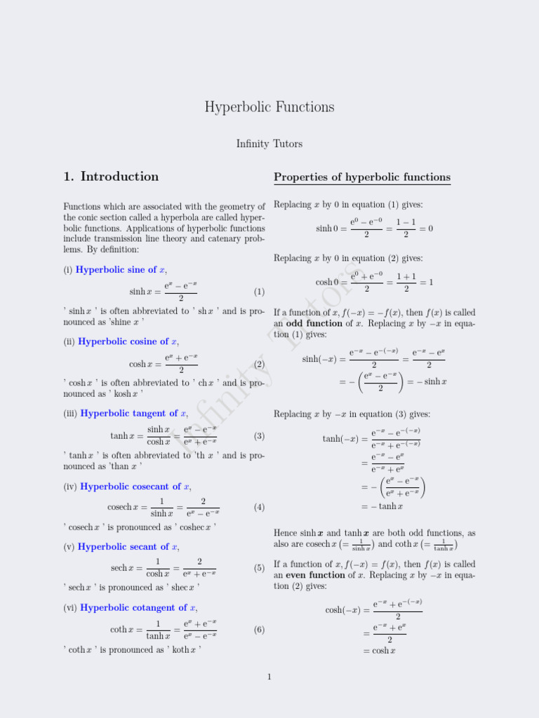 Intro To Hyperbolic Functions | PDF | Trigonometric Functions | Mathematical Analysis