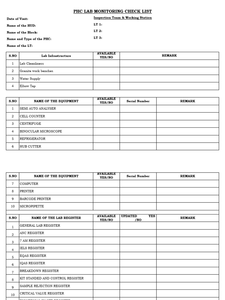 PHC Lab Inspection Checklist Template | PDF | Blood Plasma | Medical ...