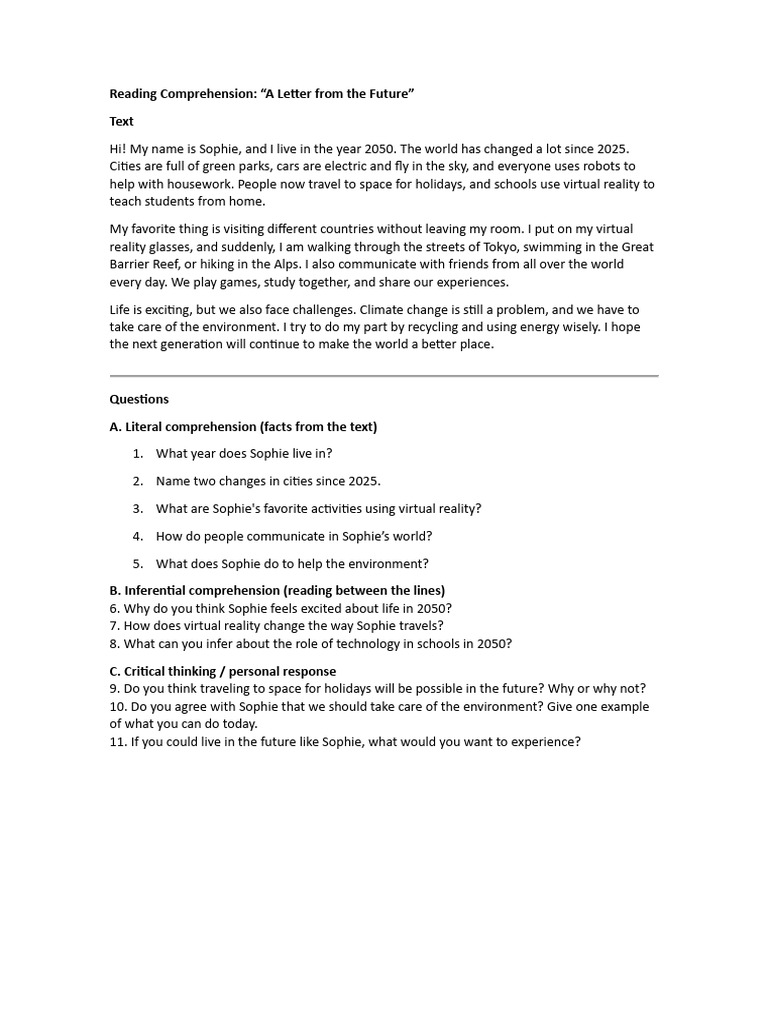 Reading Comprehension - A Letter From The Future | PDF