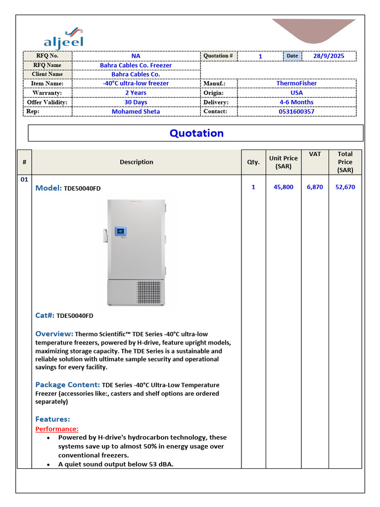 Bahra Cables Co. Freezer Quotation | PDF | Refrigerator