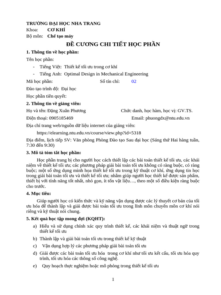 De Cuong Chi Tiet HP - Thiet Ke Toi Uu Trong Co Khi (2TC) - Phuong | PDF