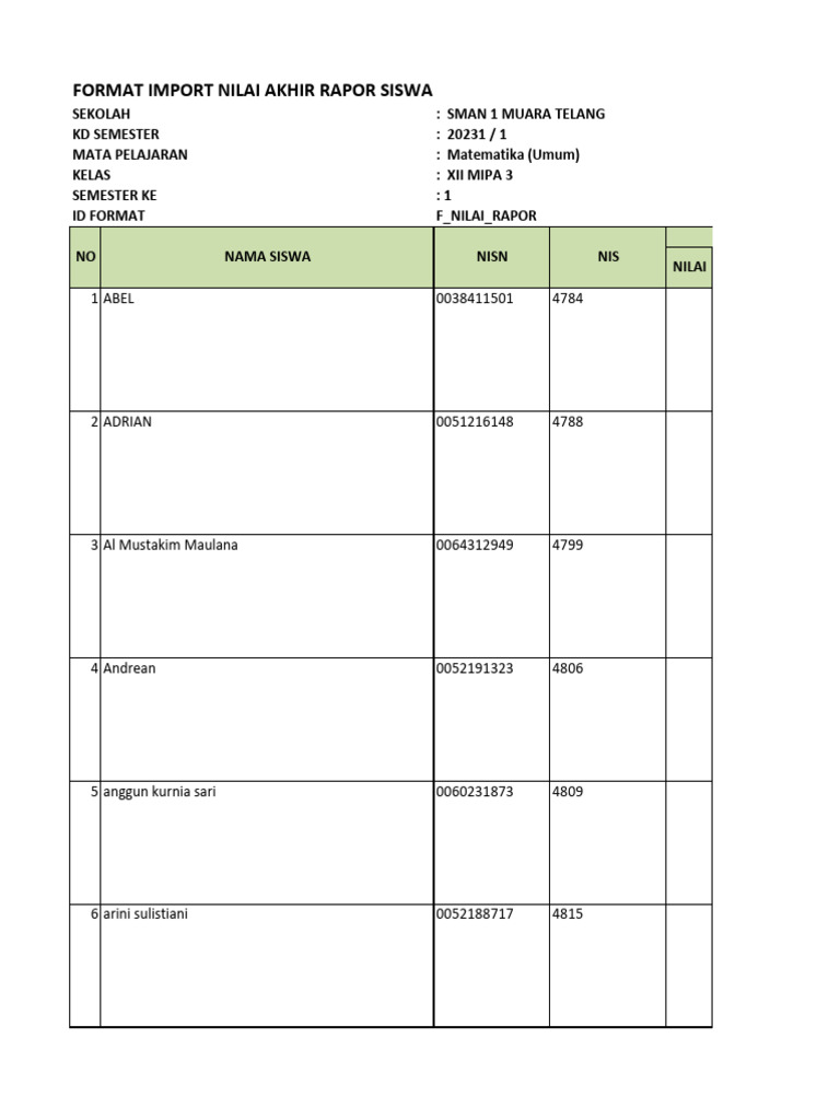 Format Nilai Rapor Siswa Matematika | PDF