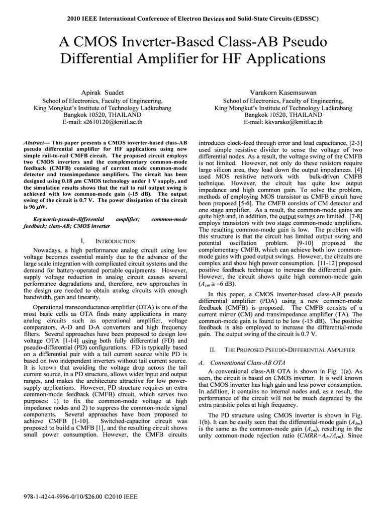 A CMOS Inverter-Based Class-AB Pseudo Differential Amplifier For HF ...