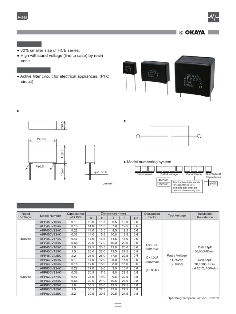 Okaya AFP Capacitors Specifications | PDF | Capacitor | Electricity