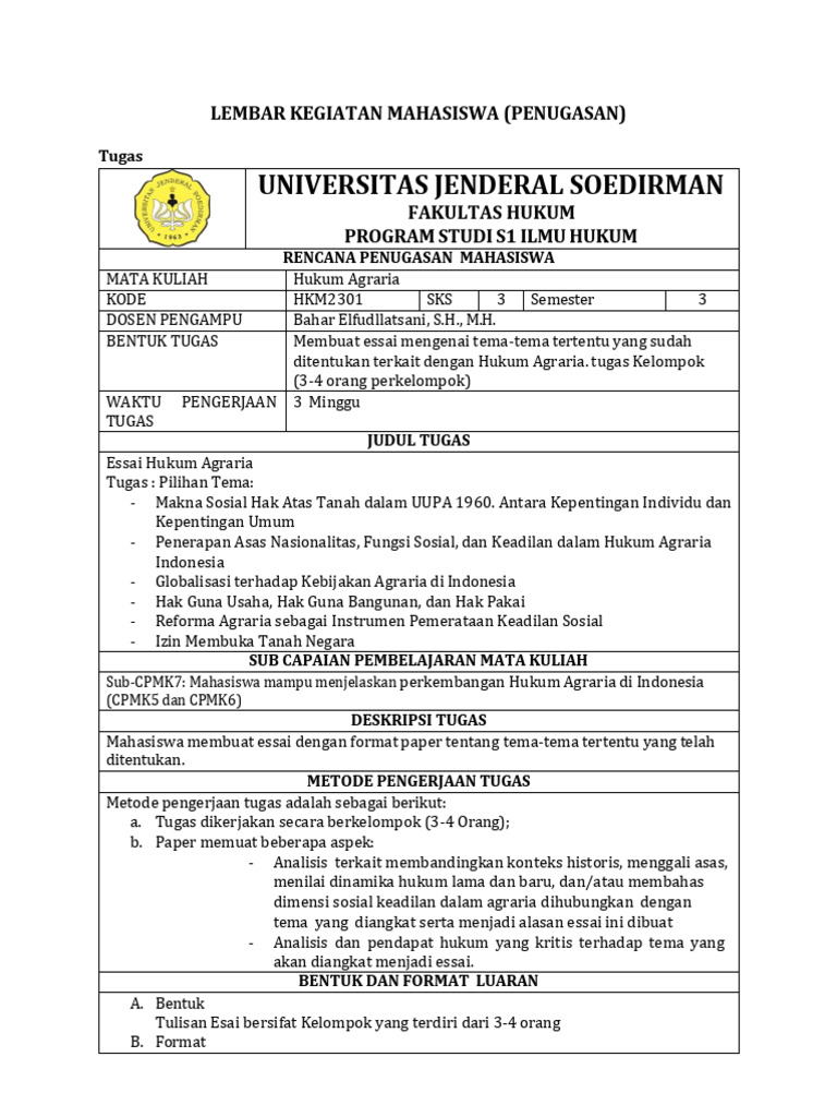 Lembar Kegiatan Mahasiswa Tugas Essay Hukum Agraria 2025 | PDF