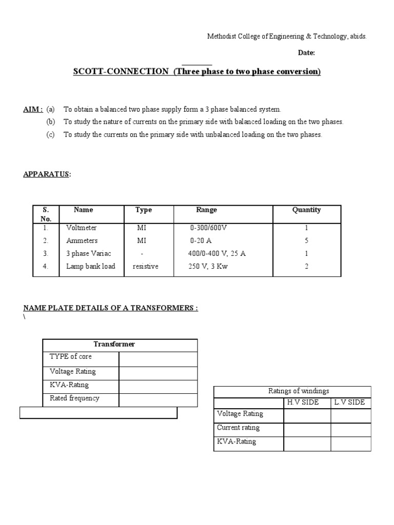 Scott Connection: 3-Phase to 2-Phase Conversion | PDF | Transformer ...