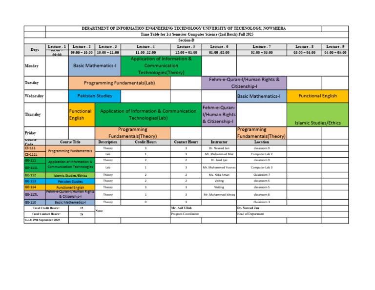 CS Timetable 1st Semester Fall 2025-Section D | PDF