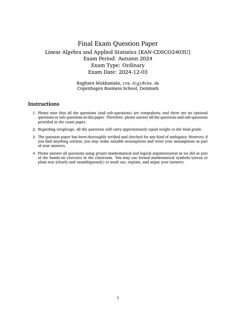Linear Algebra & Statistics Exam Paper | PDF | Eigenvalues And ...