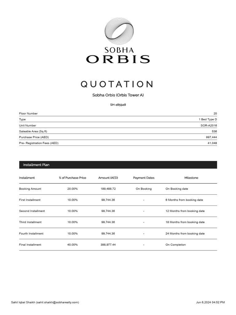 Sobha Orbis - Pricing Details | PDF