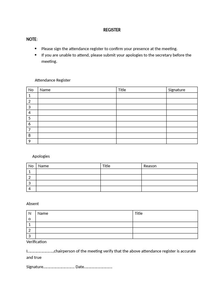 Meeting Attendance Register Template | PDF