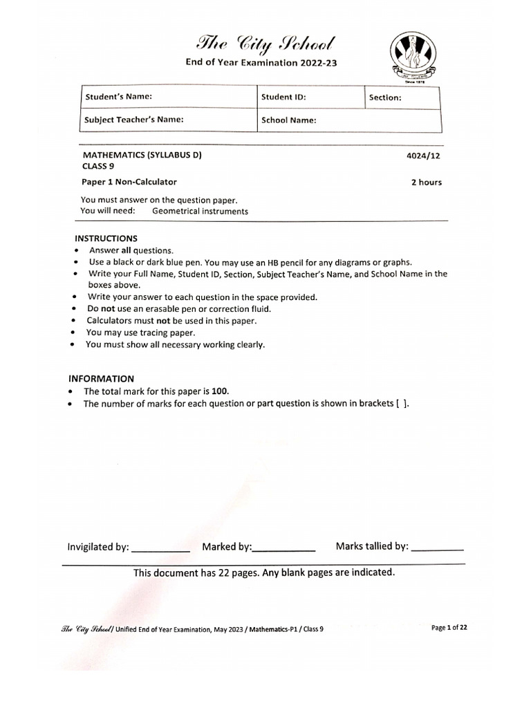 EOY EXAM 2022 23 (Maths, p1 Class 9) | PDF